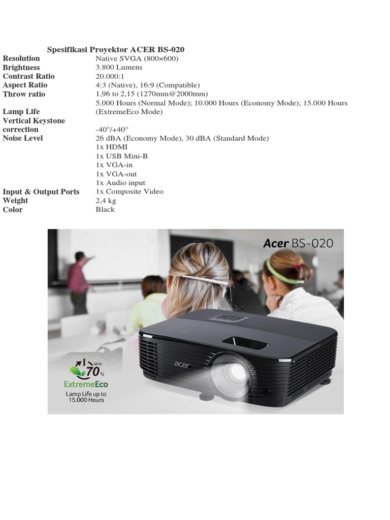 Spesifikasi Proyektor ACER BS | PDF
