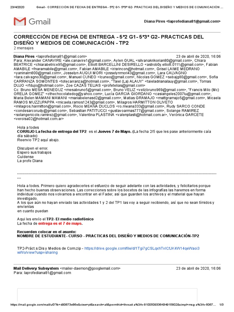 Gmail - CORRECCIÓN DE FECHA DE ENTREGA - 5º2 G1 - 5º3º G2 - PRACTICAS DEL DISEÑO Y MEDIOS DE ...