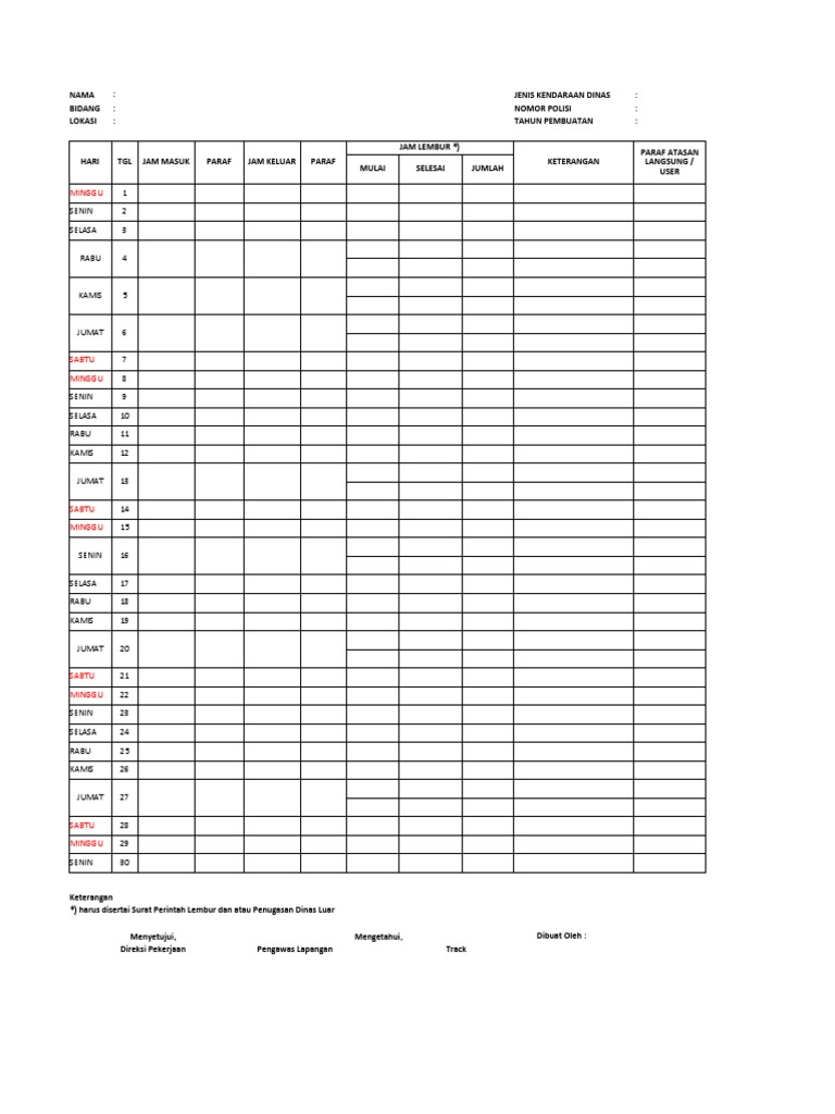 Contoh Kartu Absensi Driver Track Kosongan Ardi | PDF
