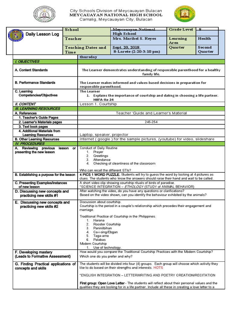 Courtship Lessons for Grade 8 Health | PDF | Courtship | Learning