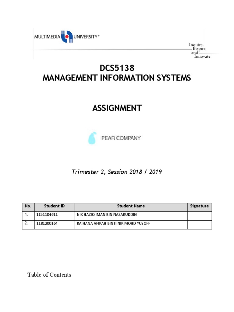DCS5138 Management Information Systems: Trimester 2, Session 2018 / ...