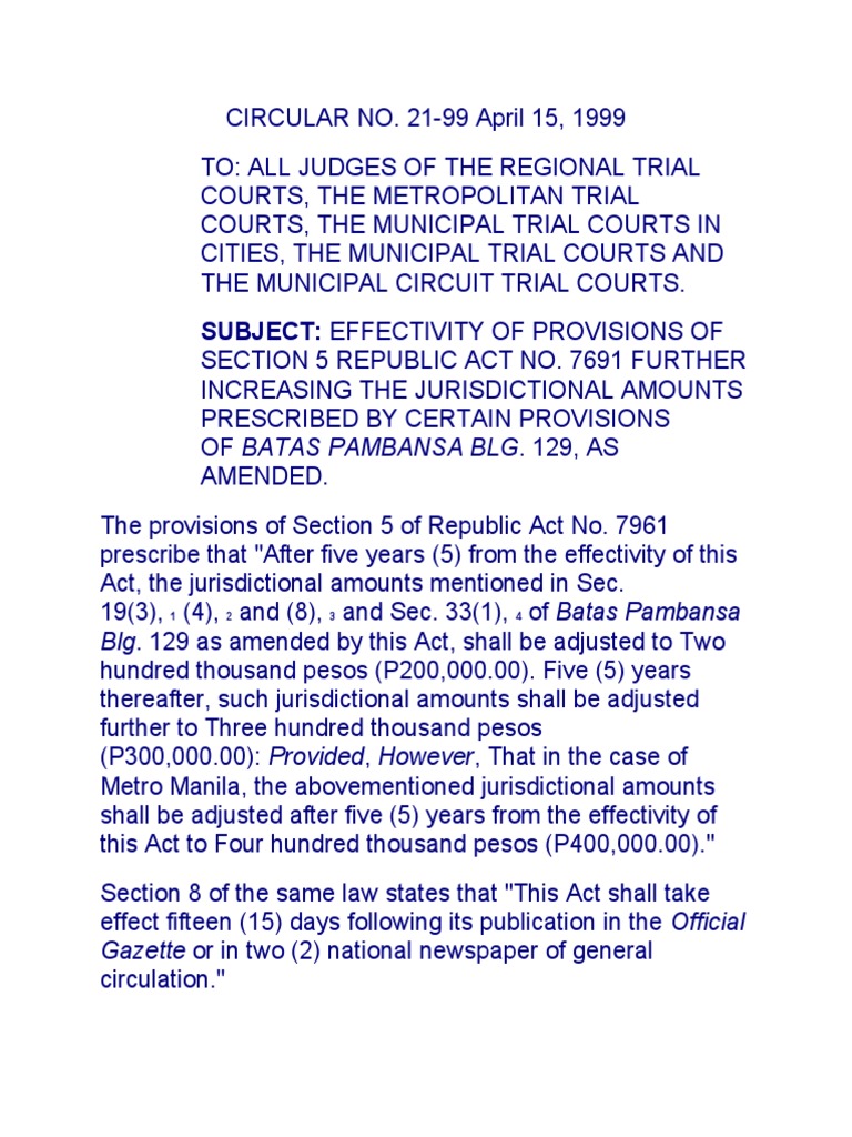Subject: Effectivity of Provisions Of: Blg. 129 As Amended by This Act ...