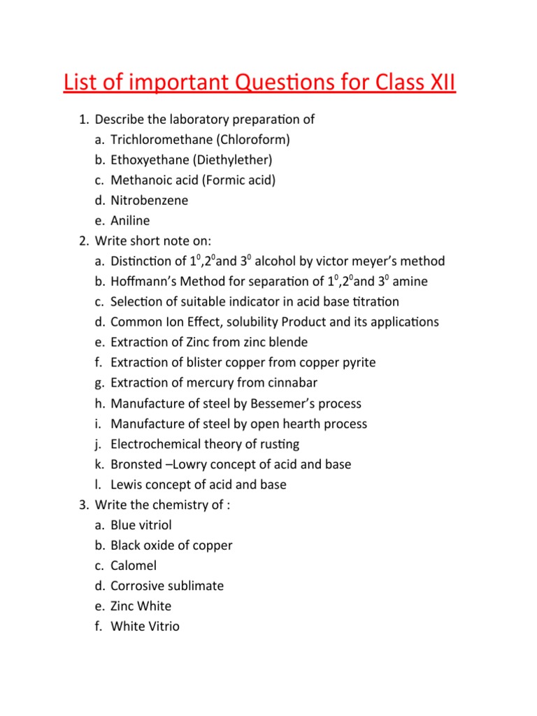 List of Important Questions For Class XII 1 | PDF