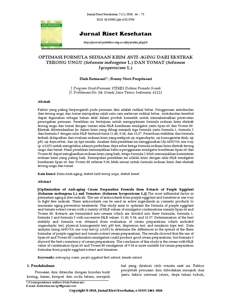 Optimasi Formula Sediaan Krim Anti-Aging Dari Ekst PDF | PDF