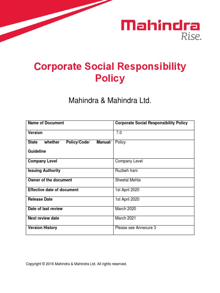 CSR-Policy-01-April-2019 - Mahindra | PDF | Corporate Social ...