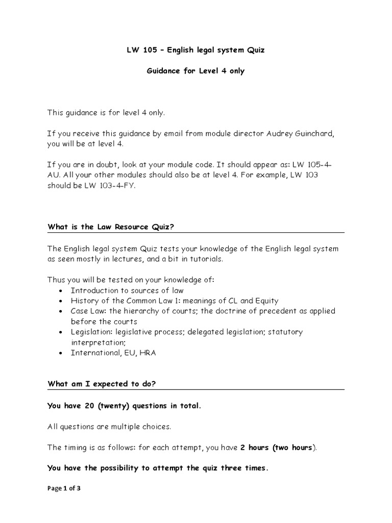 LW 105 - English Legal System Quiz Guidance For Level 4 Only | PDF ...