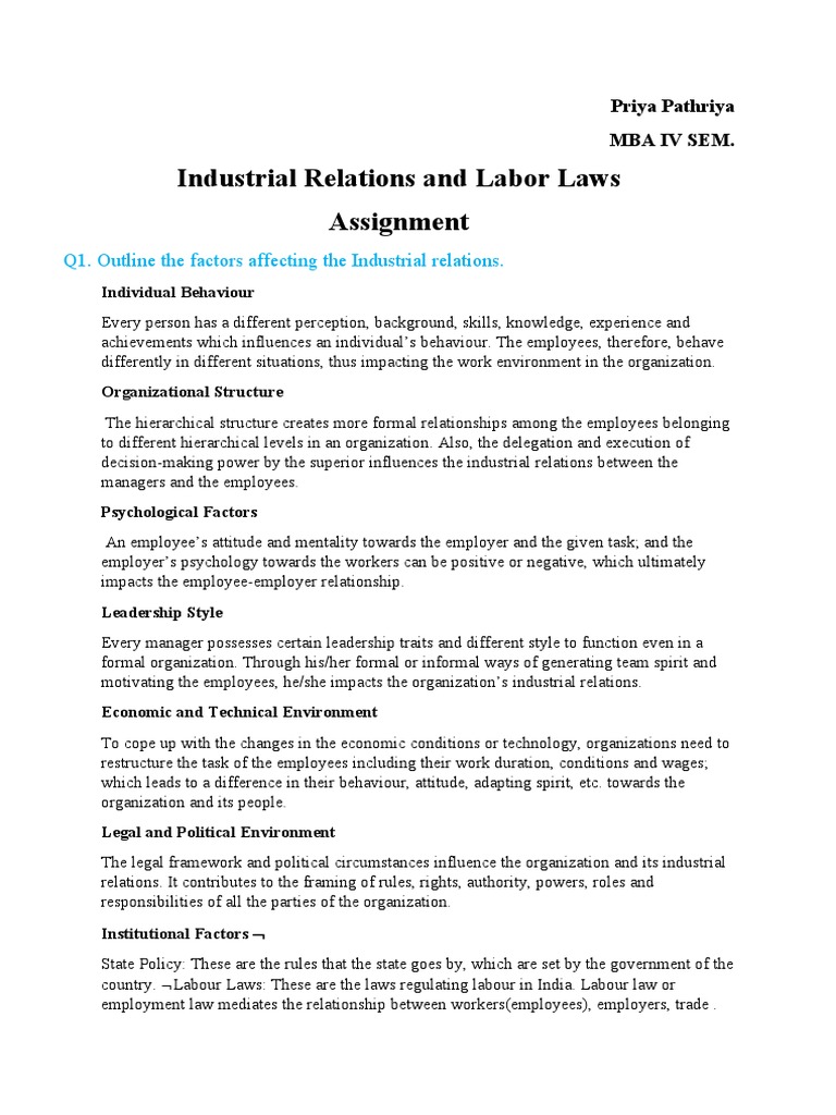 Industrial Relations and Labor Laws Assignment: Q1. Outline The Factors ...