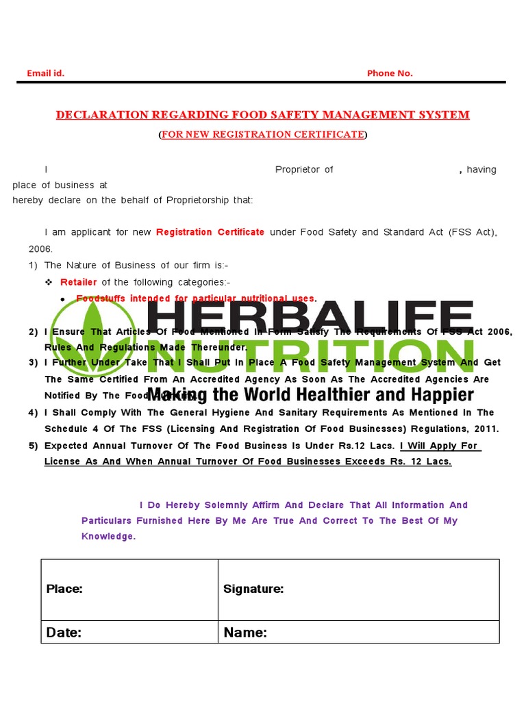 Declaration Regarding Food Safety Management System: Date: Name | PDF