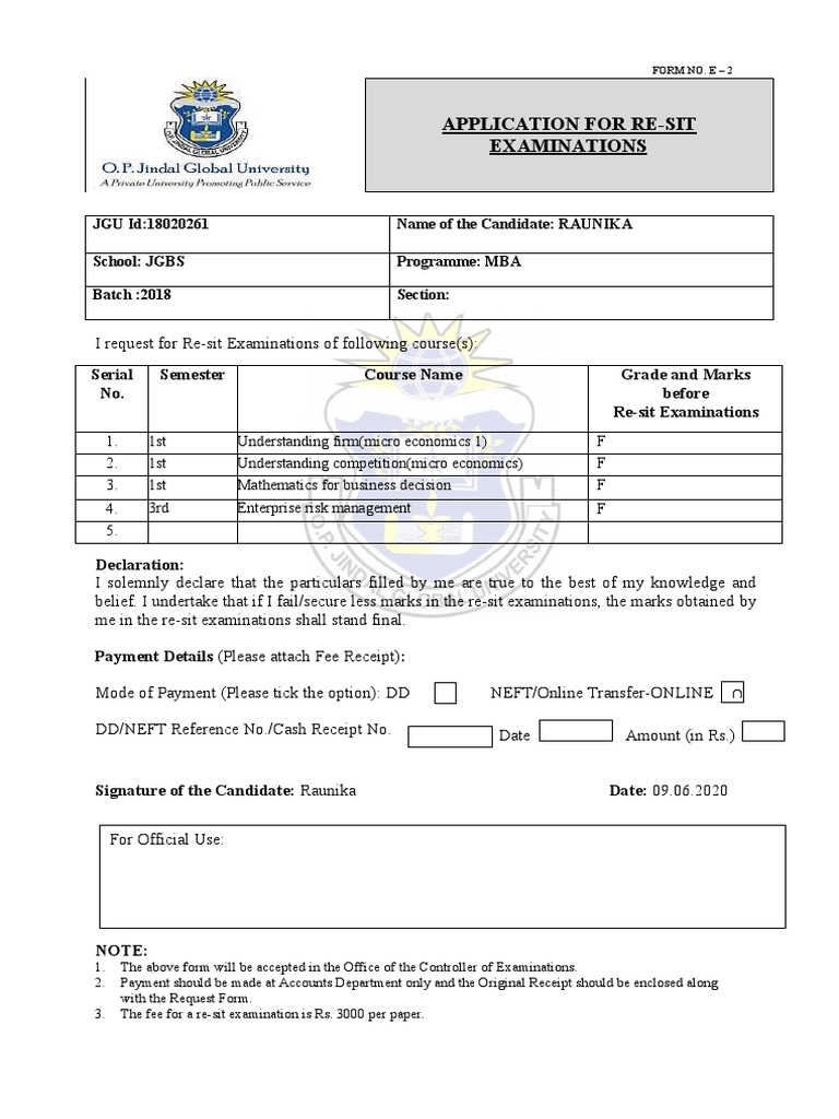 Application For Re-Sit Examinations | PDF