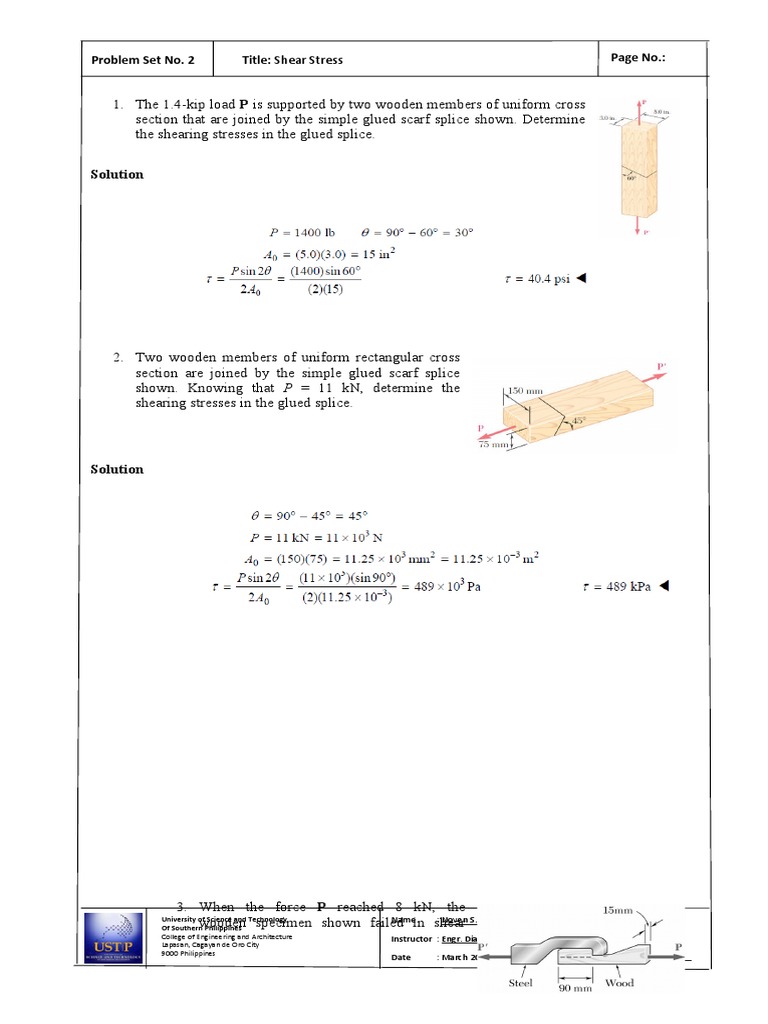 Solution: Problem Set No. 2 Title: Shear Stress Page No. | PDF | Stress ...