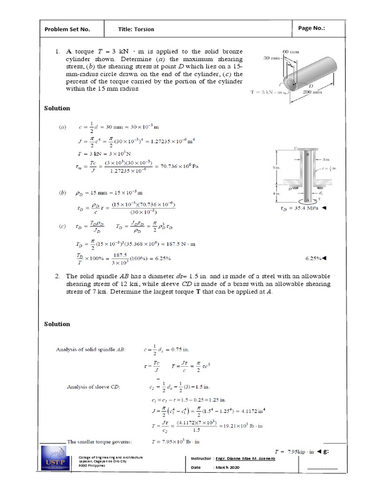 Solution: Problem Set No. Title: Torsion Page No. | PDF | Stress ...