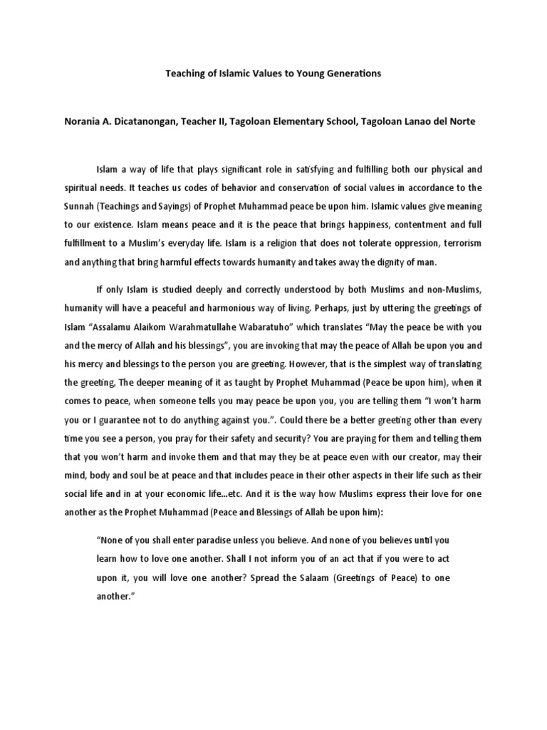 Teaching of Islamic Values To Young Generations | PDF | Peace | Contentment