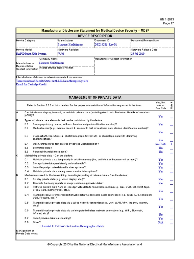 Device Description Manufacturer Disclosure Statement For Medical Device ...