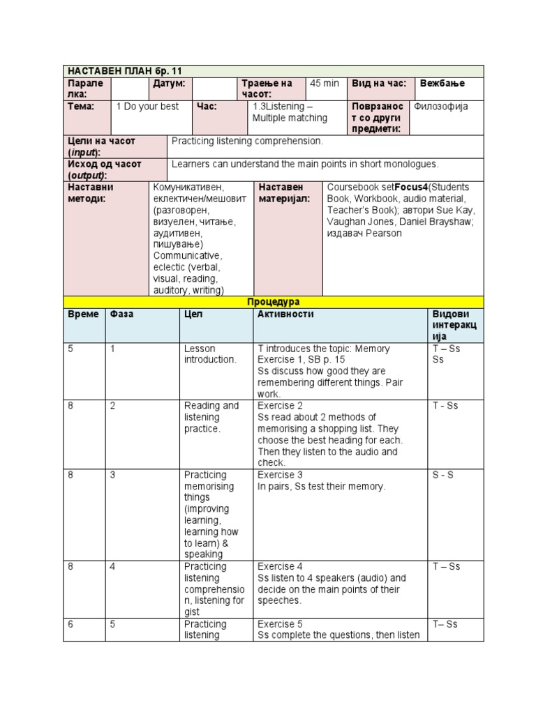 11 Focus 4 Lesson Plan Unit 1 | PDF