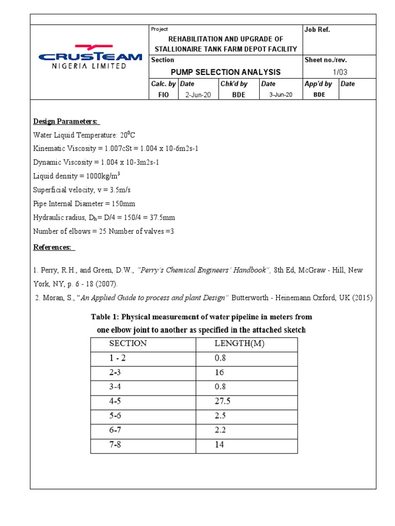 Pump Selection Analysis: Calc. by Date CHK'D by Date App'd by Date ...