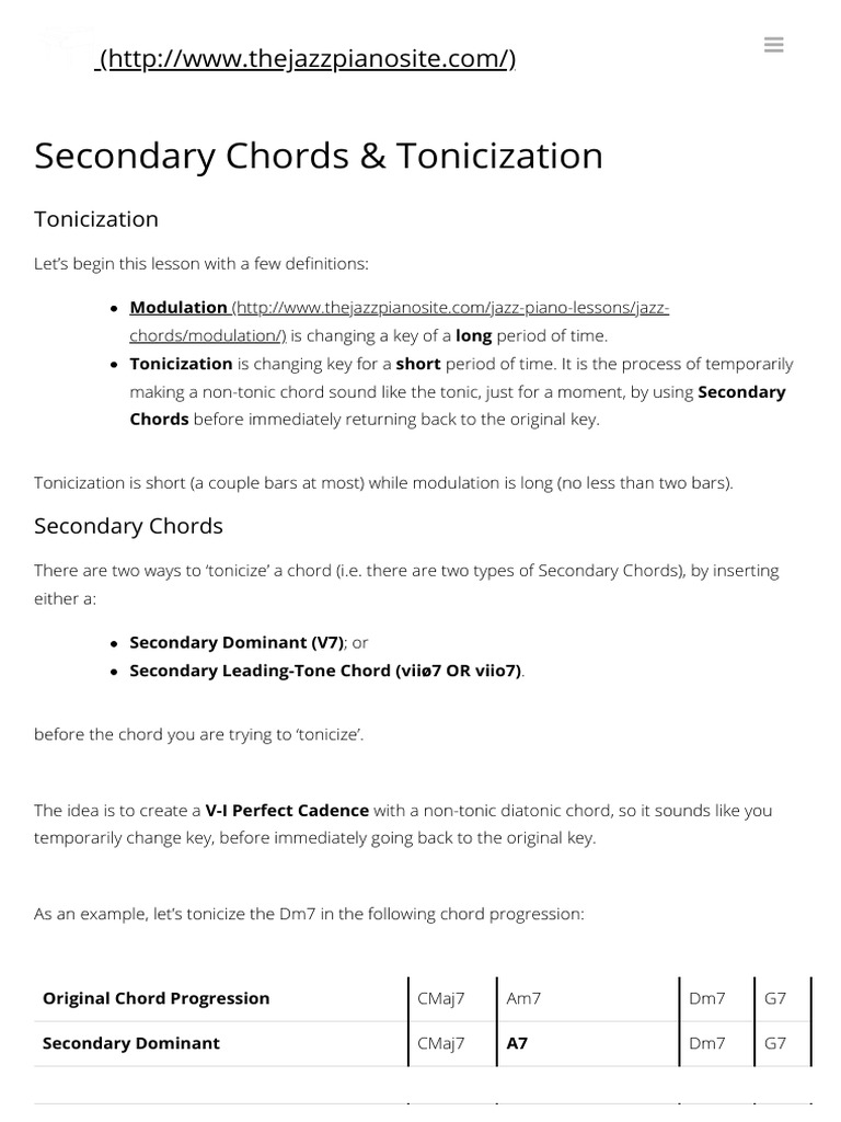 Secondary Chords & Tonicization - The Jazz Piano Site | PDF | Chord ...