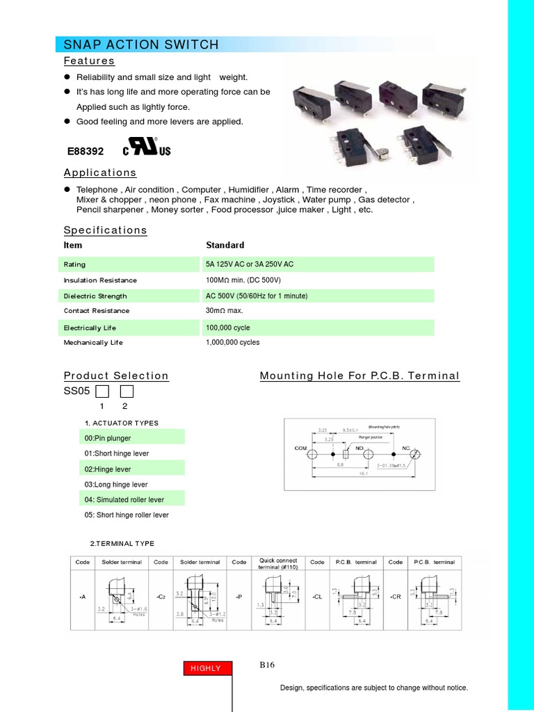 Snap Action Switch: Features | PDF | Switch | Alternating Current