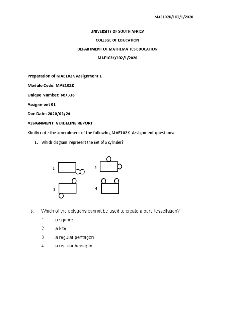 Preparation of MAE102K Assignment 1 Module Code: MAE102K Unique Number: 667338 Assignment 01 Due ...