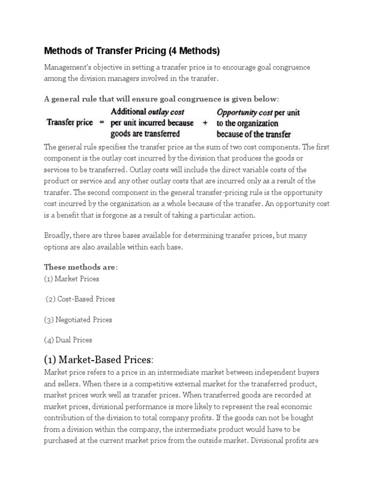 Methods of Transfer Pricing (4 Methods) : (1) Market-Based Prices | PDF ...