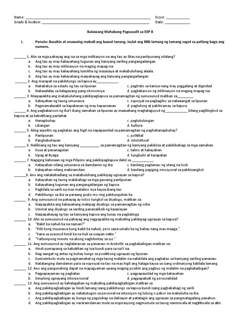 Periodic Test in ESP 8 - Quarter 2 | PDF