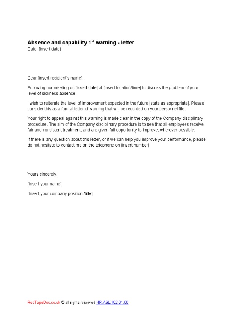 Absence and Capability 1st Warning Letter HR - ASL.102-01.00 | PDF