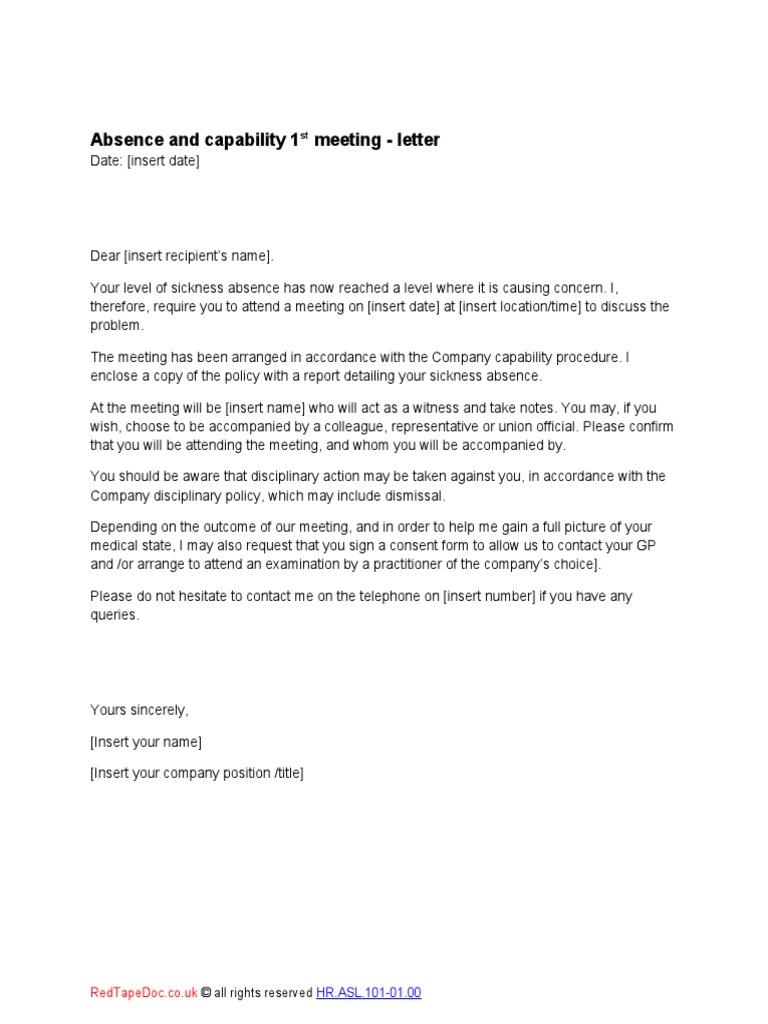 Absence and Capability 1st Meeting Letter HR - ASL.101-01.00 | PDF