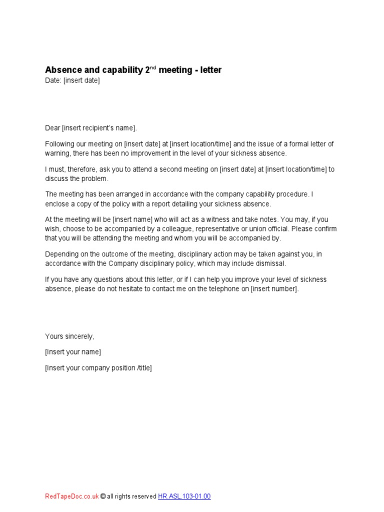 Absence and Capability 2nd Meeting Letter HR - ASL.103-01.00 | PDF