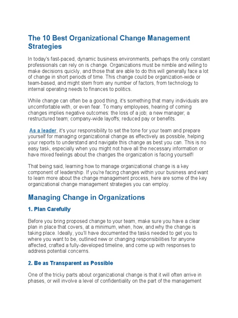Top 10 Strategies for Change Management | PDF | Change Management ...