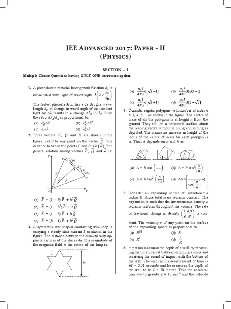 JEE Advanced 2017: Paper - II (Physics) : Multiple Choice Questions Having ONLY ONE Correction ...