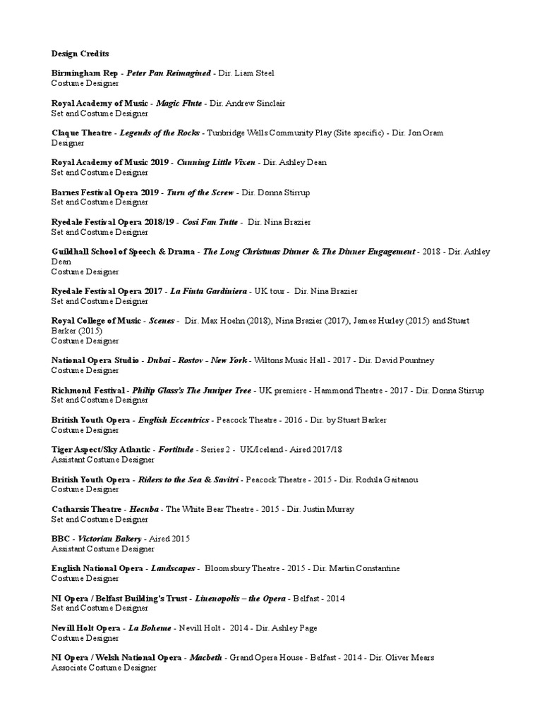 List of Productions Laura Jane Stanfield June 2020 | PDF | Vocal Music ...