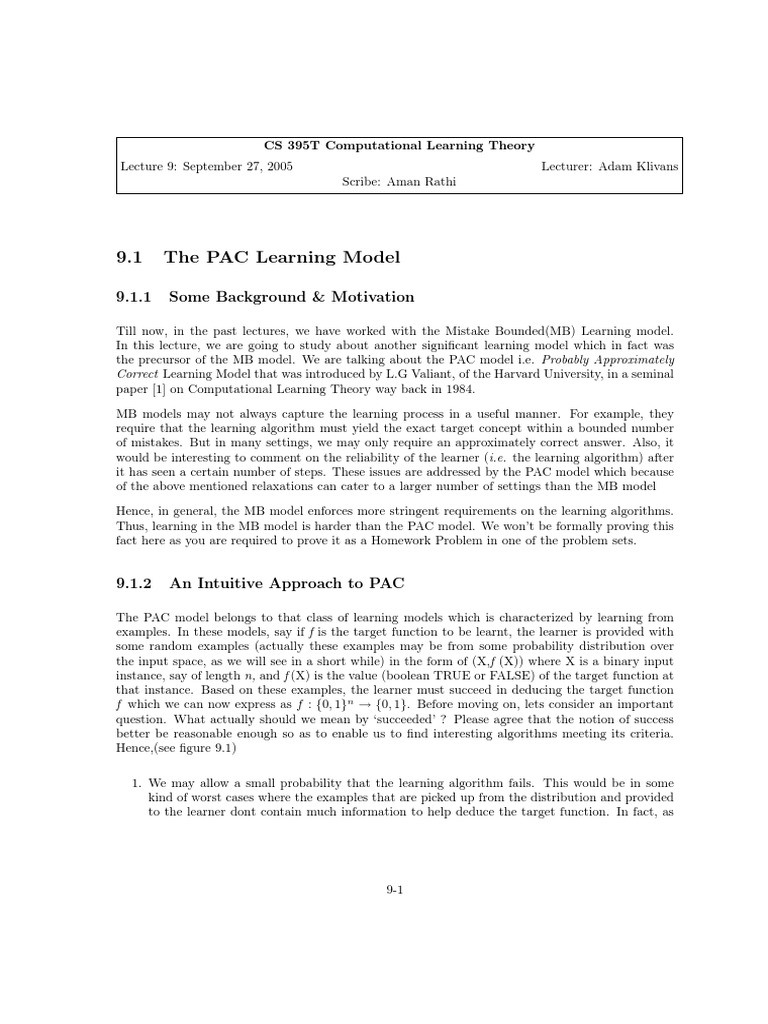 9.1 The PAC Learning Model: 9.1.1 Some Background & Motivation | PDF ...