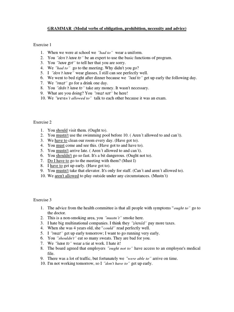 GRAMMAR (Modal Verbs of Obligation, Prohibition, Necessity and Advice ...