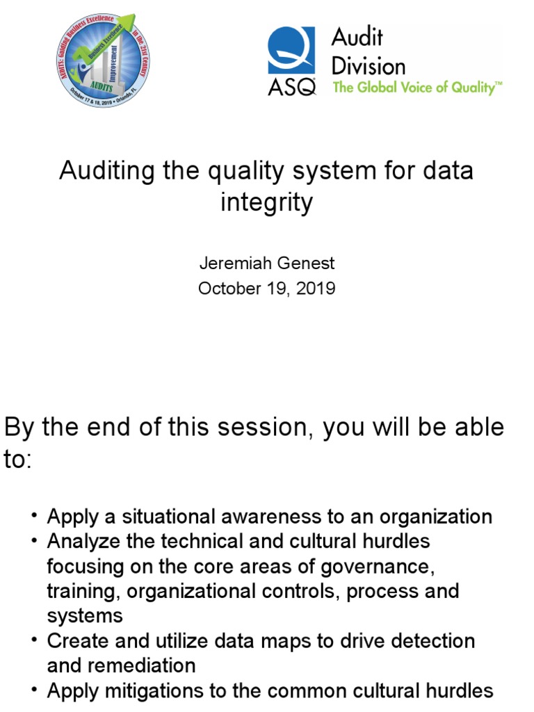 Auditing The Quality System For Data Integrity | PDF | Metadata | Audit