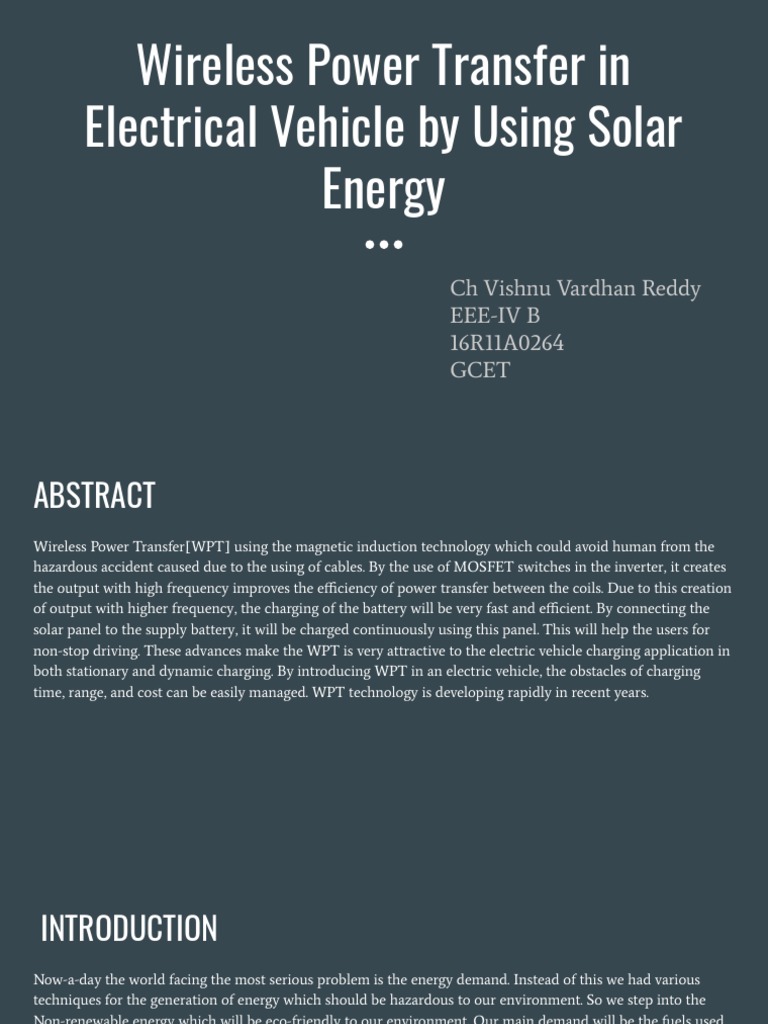 Wireless Power Transfer for Electric Vehicles Using Solar Energy | PDF ...