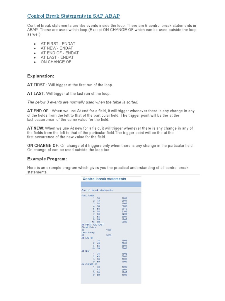 Control Break Statements in SAP ABAP | PDF | Control Flow | Computer Data Control Break Statements in SAP ABAP | PDF | Control Flow | Computer Data