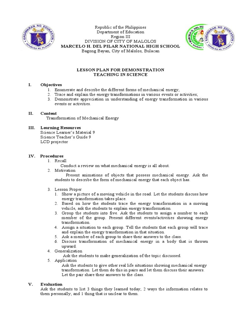 Lesson Plan in Mechanical Energy | PDF | Atomic Orbital | Lesson Plan