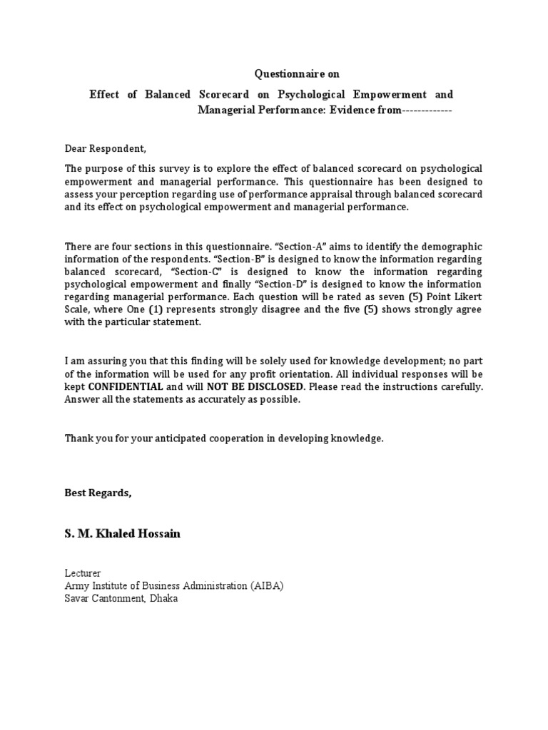 Questionnaire On Effect of Balanced Scorecard On Psychological Empowerment and Managerial ...