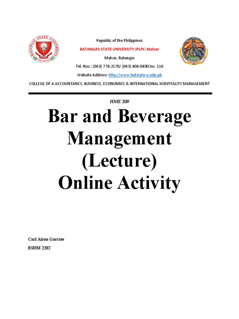 Bar and Beverage Management (Lecture) Online Activity: Republic of The ...