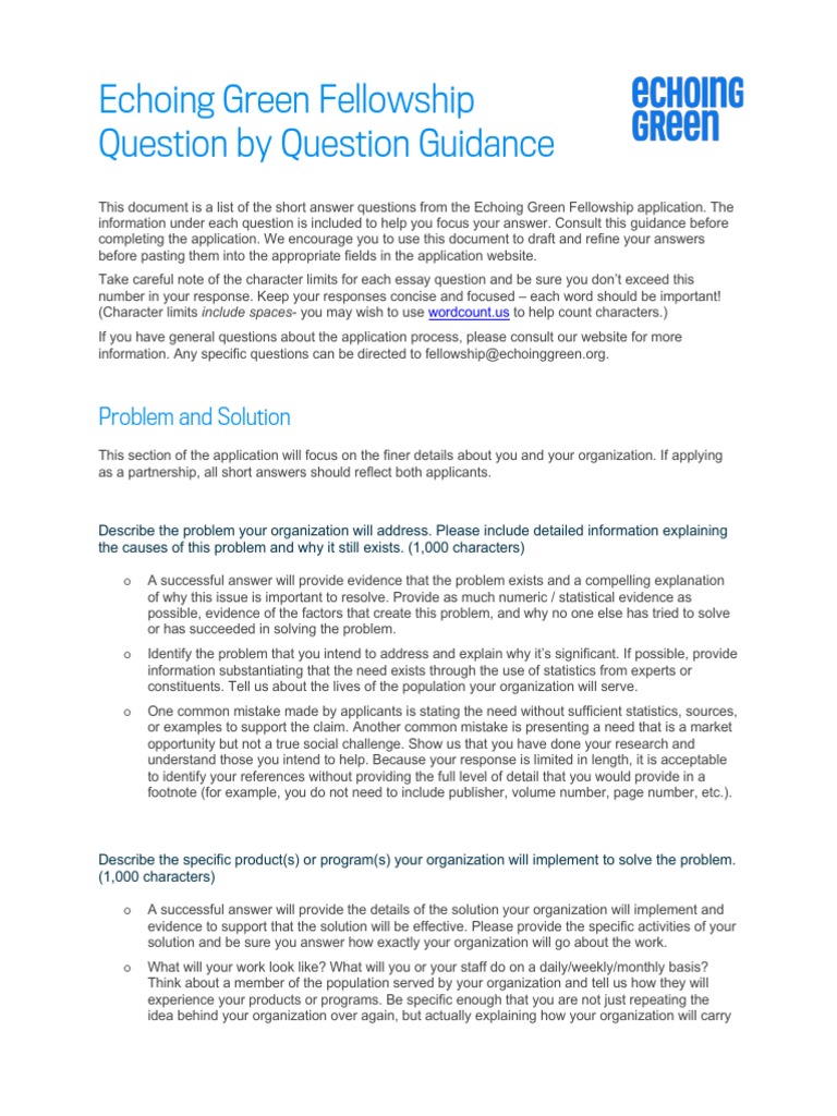 Echoing Green Fellowship Question by Question Guidance: Problem and ...