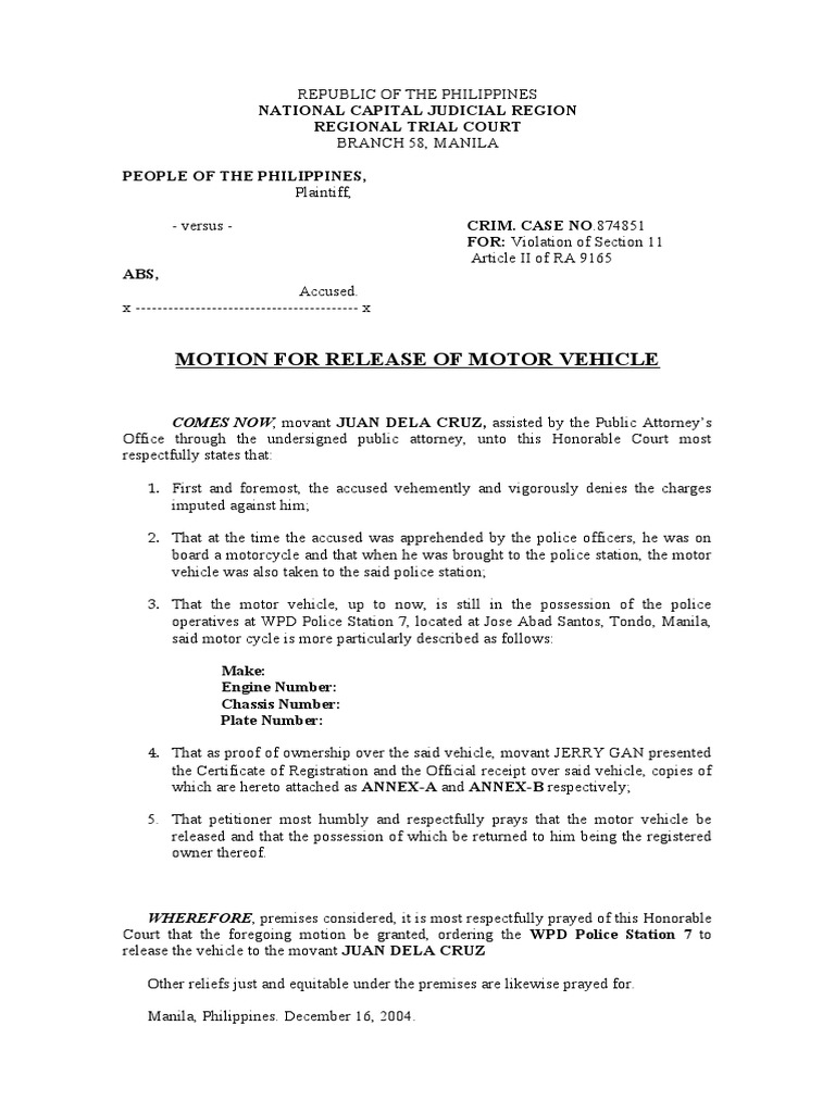 Motion To Release Vehicle | PDF | Vehicles | Virtue