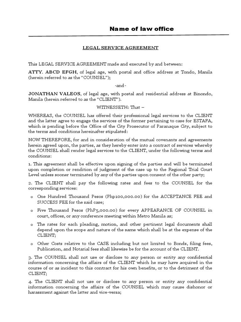 Legal Service Agreement Pdf Business Law Virtue