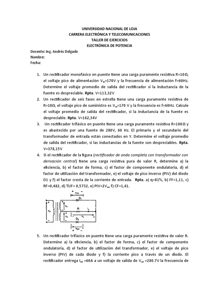 Taller de Ejercicios | PDF | Rectificador | Transformador