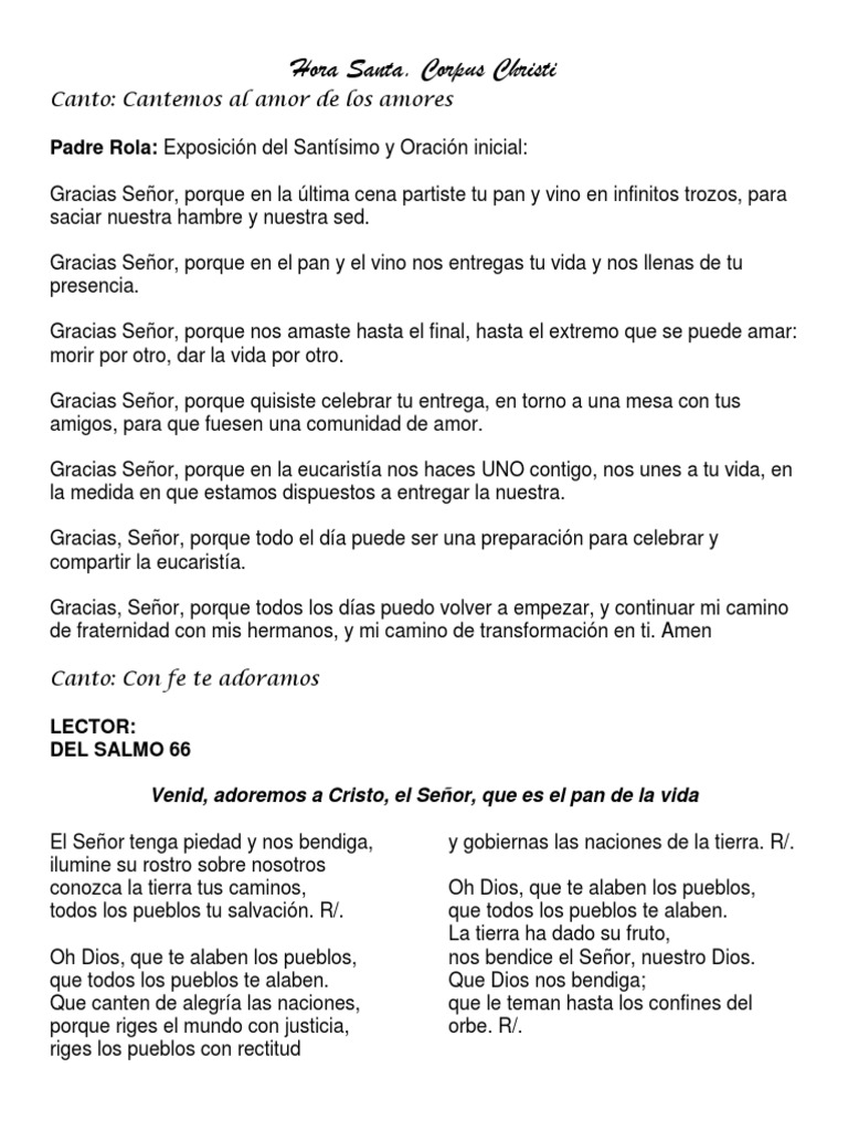 Hora Santa Corpus Christi | PDF | eucaristía | Comportamiento cristiano y experiencia