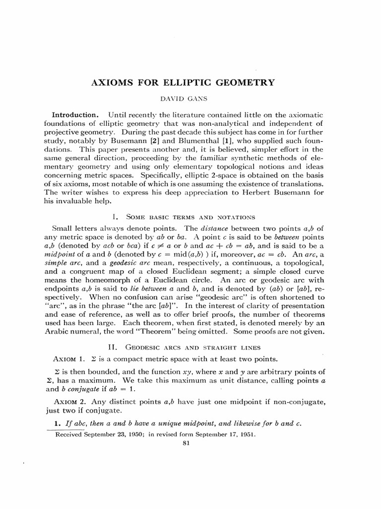 Axioms For Elliptic Geometry: David Gans | PDF | Euclidean Space ...