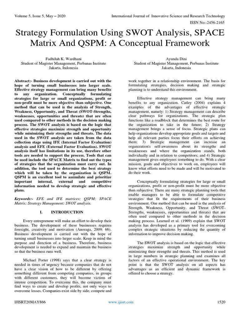 Strategy Formulation Using SWOT Analysis, SPACE Matrix and QSPM A ...