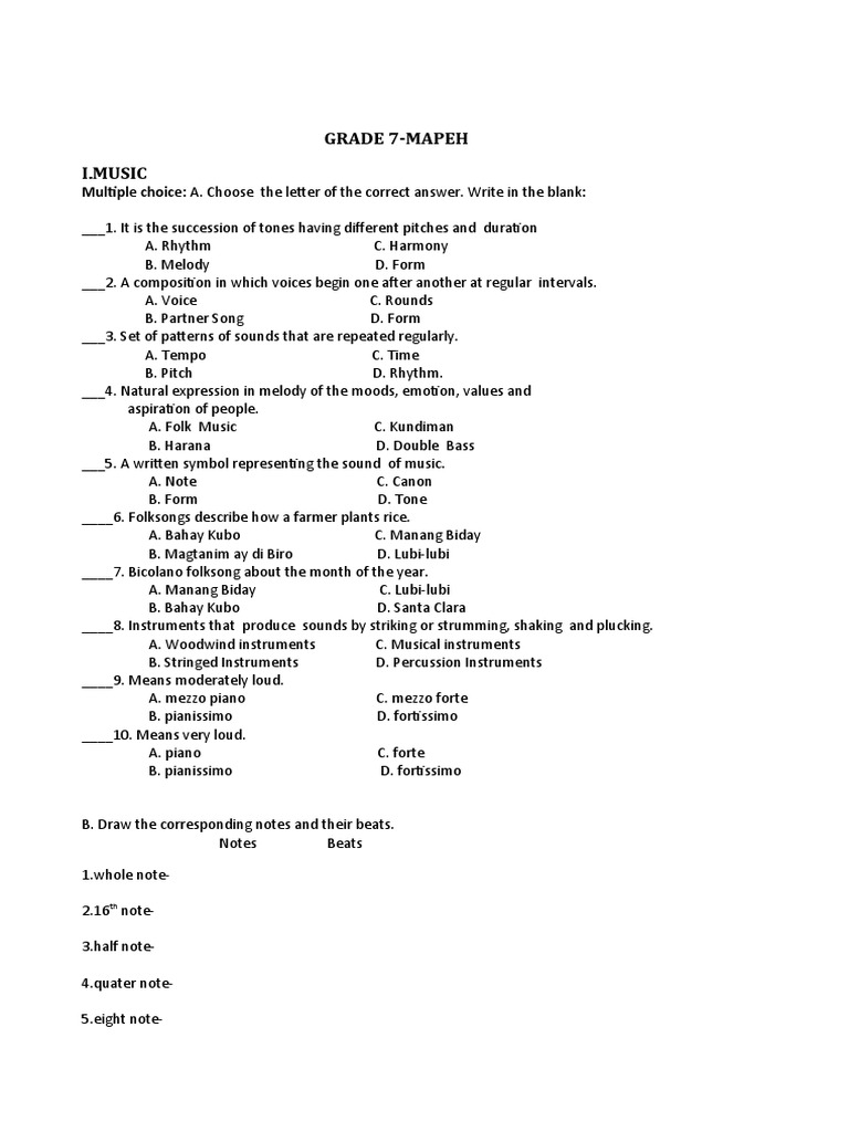 Grade 7-Mapeh I.Music: Multiple Choice: A. Choose The Letter of The ...