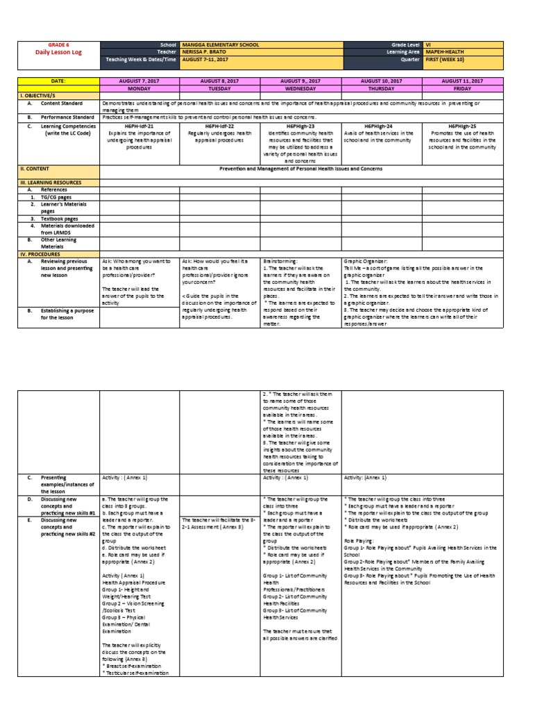 Grade 6 MAPEH Health Lesson Plan | PDF | Teachers | Health Care