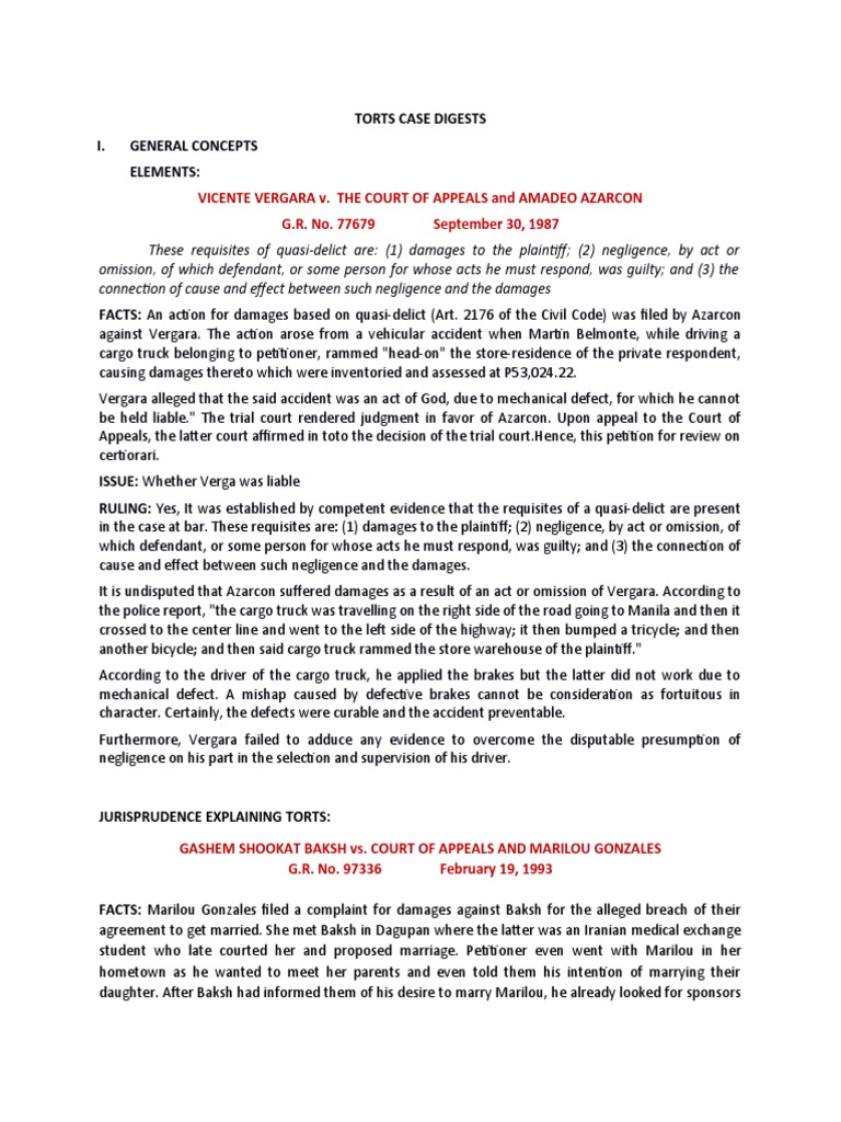 Torts Case Digests General Concepts | PDF | Negligence | Damages