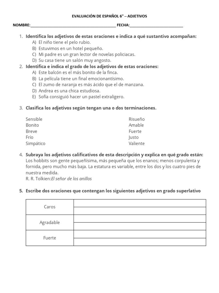EVALUACIÓN DE Adjetivos | PDF