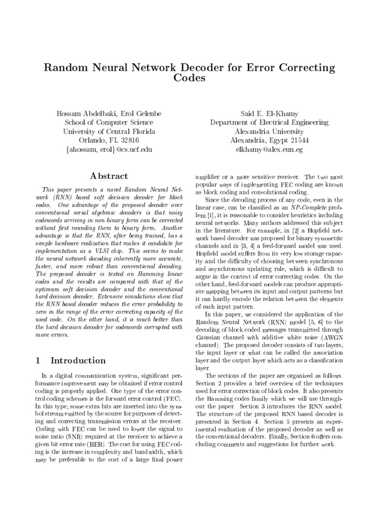 Random Neural Network Decoder For Error Correcting Codes | PDF | Error Detection And Correction ...